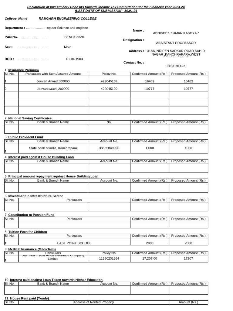 I.T.Declaration Form - 2023 - 24 | PDF | Banks | Tax Exemption