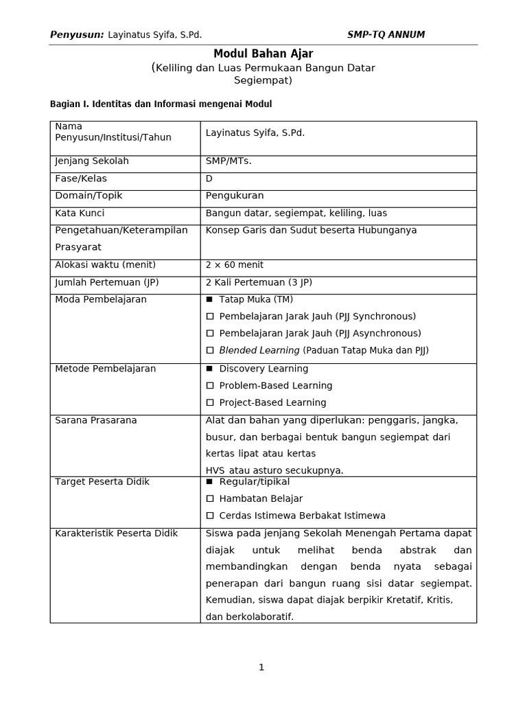 Modul Ajar Matematika - Bangun Datar, Segiempat, Keliling, Luas - Fase ...