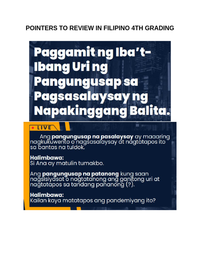 Pointers To Review in Filipino 4TH Grading | PDF