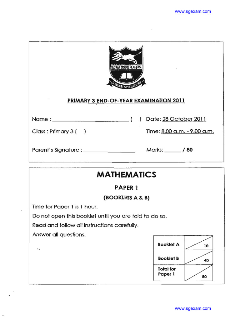 2011 P3 Maths SA2 Tao Nan | PDF