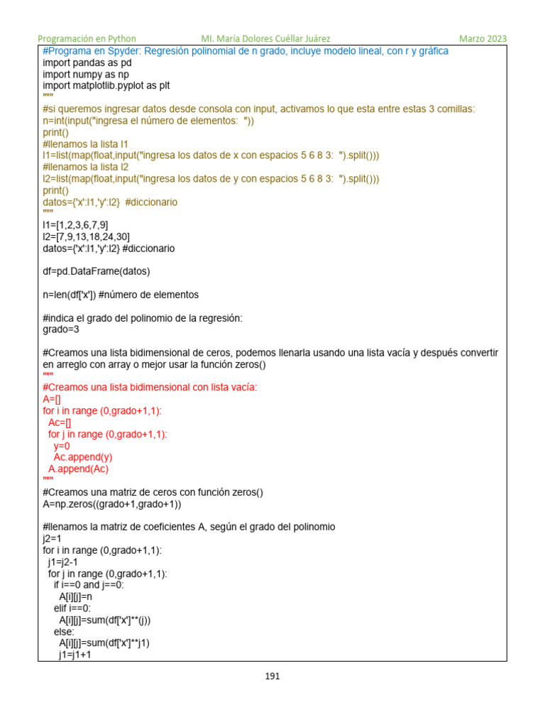 Prog - Python - Regresionn | PDF | Python (lenguaje de programación) | Matriz (Matemáticas)