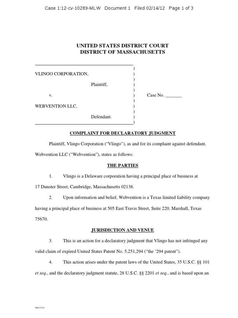 United States District Court District of Massachusetts: Complaint For ...