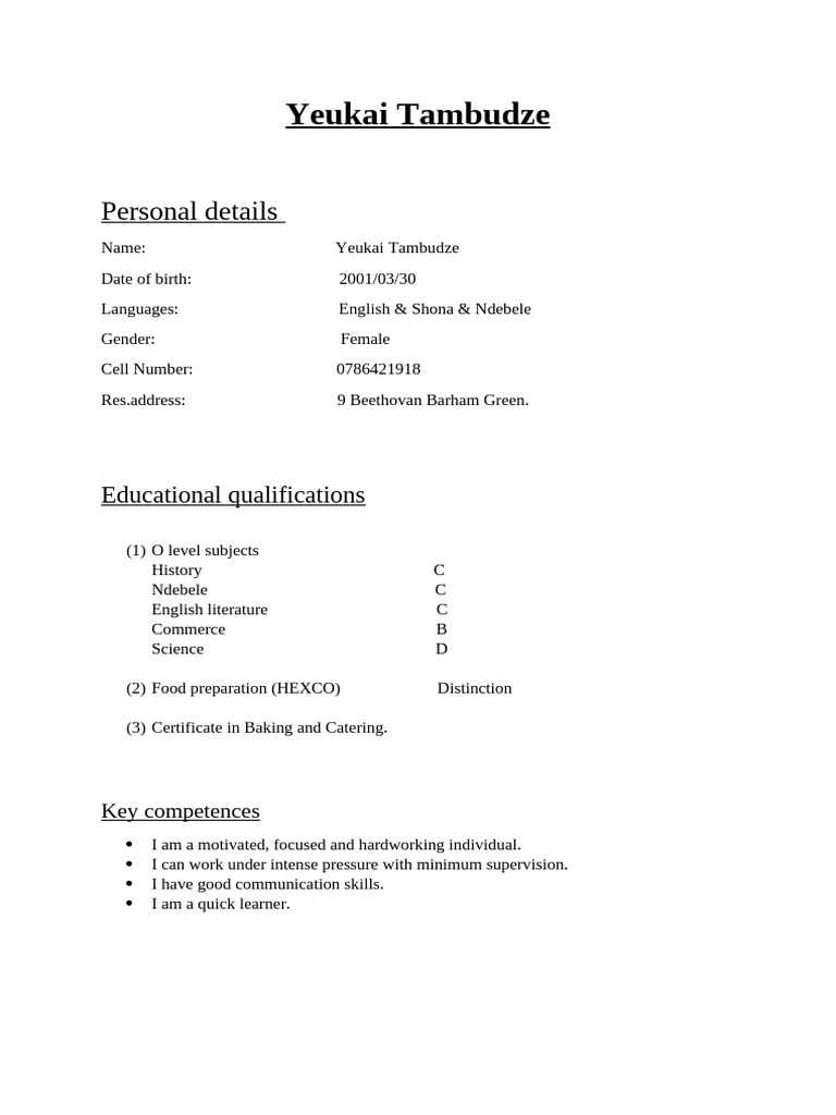 Yeukai Tambudze: Culinary Skills & Experience | PDF