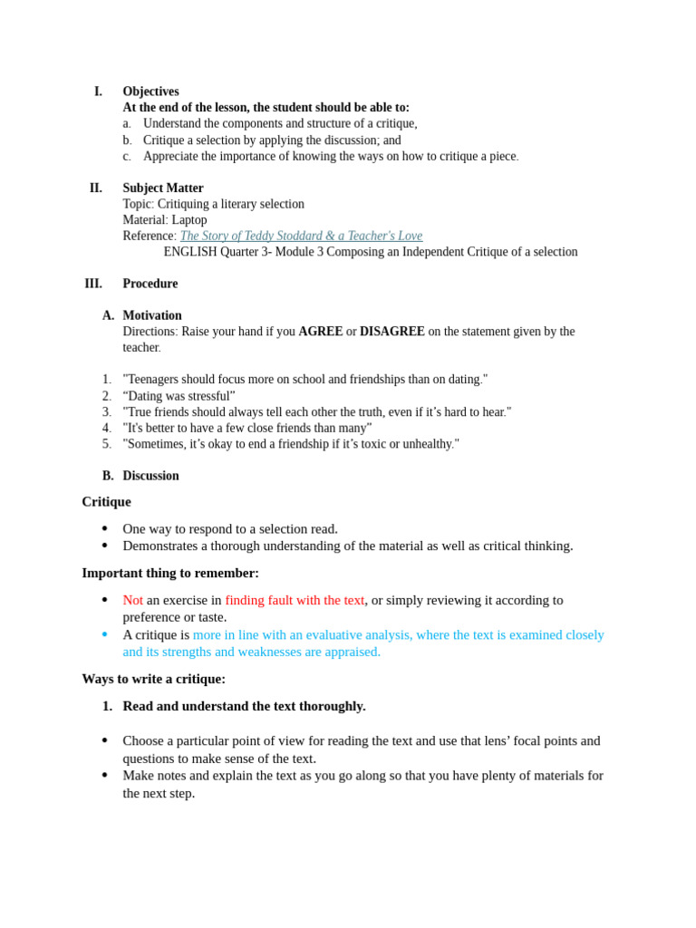 Lesson Plan (Critiquing a Selection) | PDF | Shadow (Psychology ...