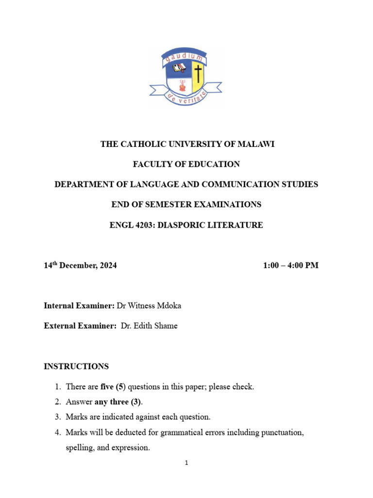 Exam Questions on Diasporic Literature | PDF | Slavery | Moses