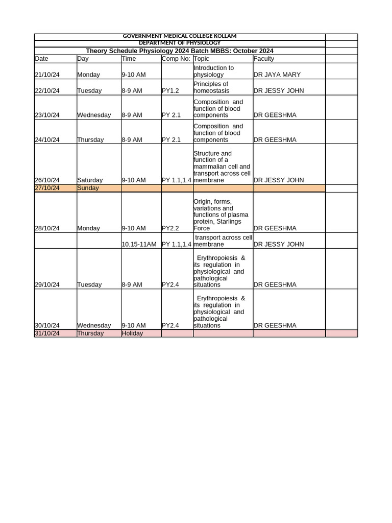 Theory Schedule 2024 Batch | PDF | Respiratory System | Lung