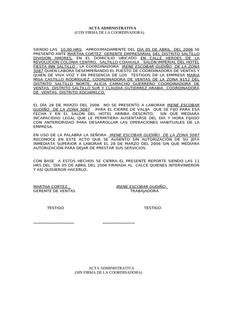 Ejemplo de Acta Administrativa | PDF