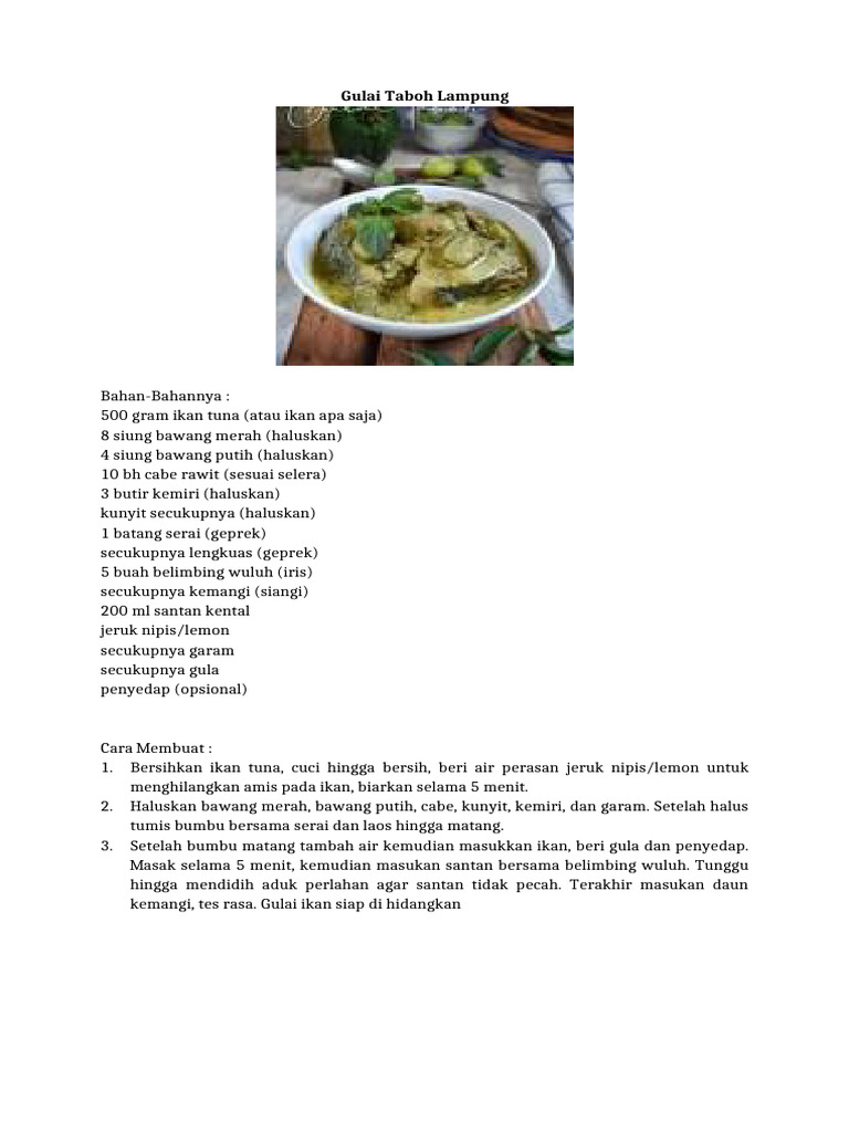 Resep Gulai Taboh Khas Lampung | PDF