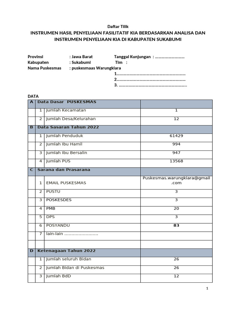 INSTRUMEN Monev Dan Penyeliaan KIA PKM WARKIR | PDF