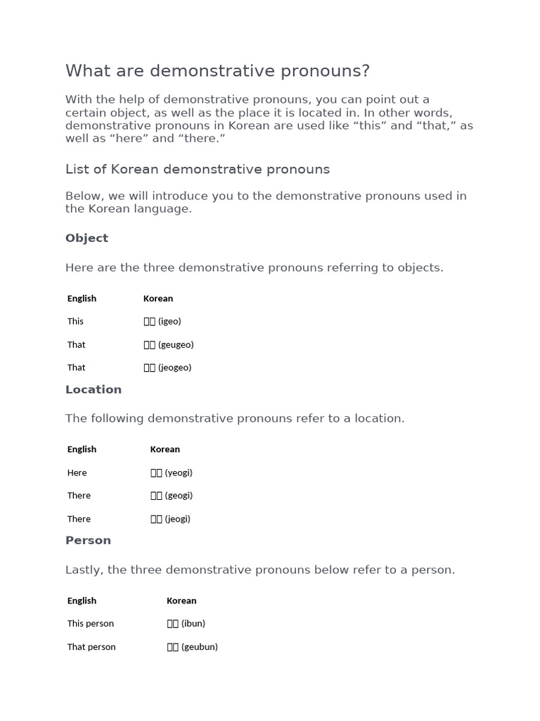 Korean Demonstrative Pronouns Guide | PDF | Pronoun | English Language