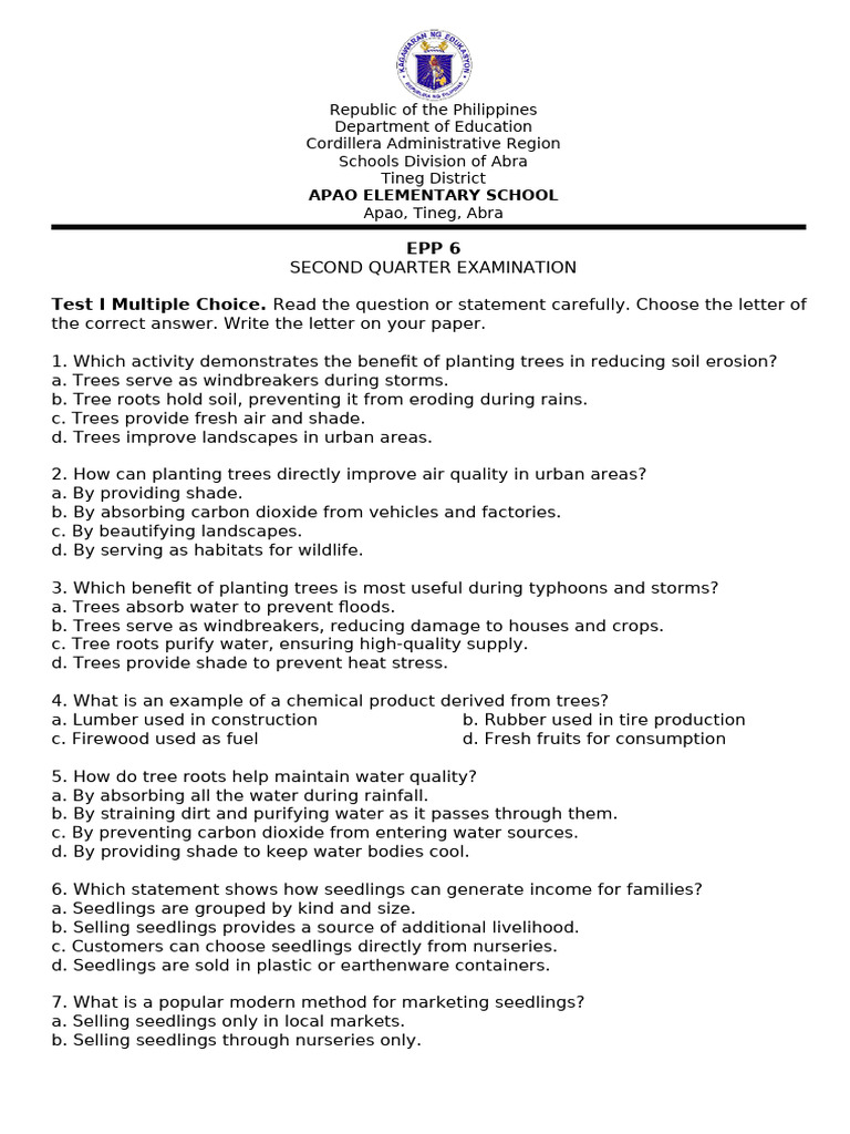 EPP 6 Questions and Answer Key | PDF | Trees | Soil