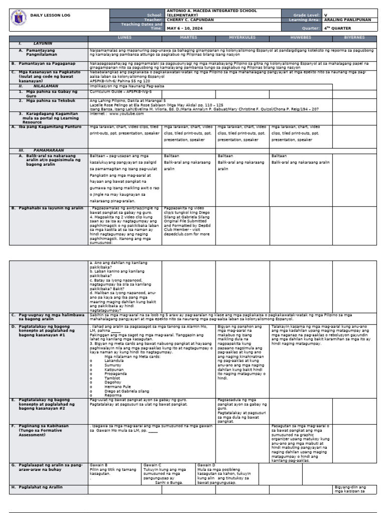 DLL Araling Panlipunan 5 q4 w6 | PDF