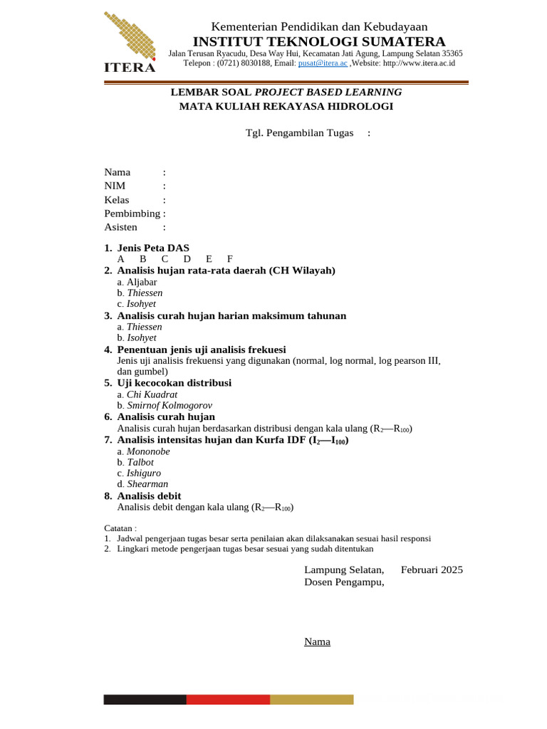 Soal Project Rekayasa Hidrologi ITERA | PDF