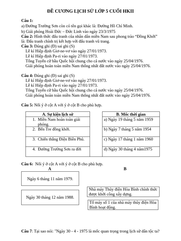 ĐỀ CƯƠNG LỊCH SỬ LỚP 5 CUỐI HKII | PDF