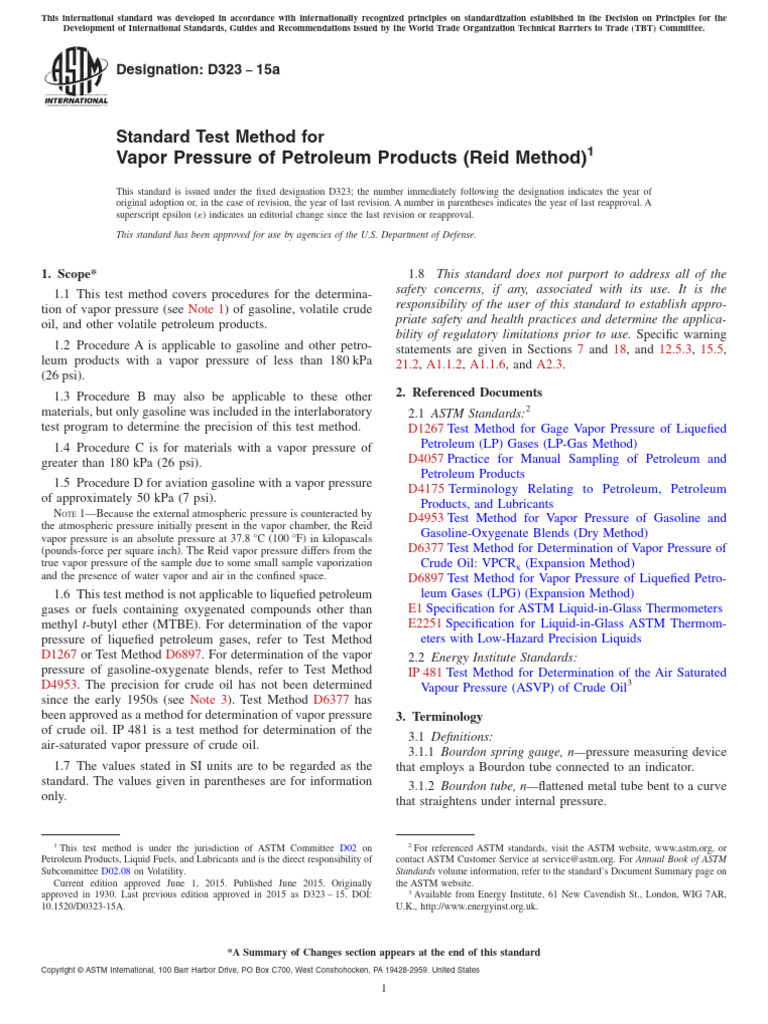 Vapor Pressure of Petroleum Products (Reid Method) : Standard Test ...
