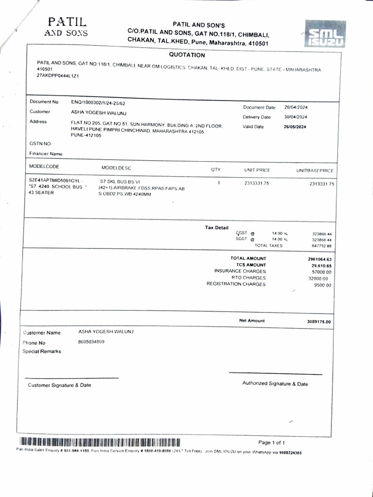 Quotation for S7 School Bus Purchase | PDF