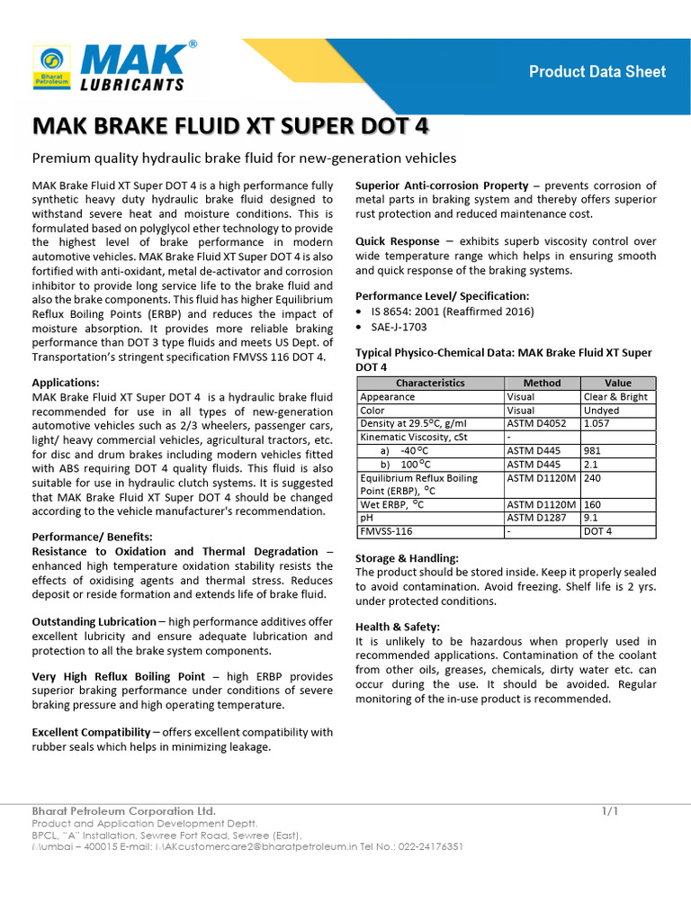 Mak Brake Fluid XT Super Dot 4 | PDF | Mechanical Engineering | Materials