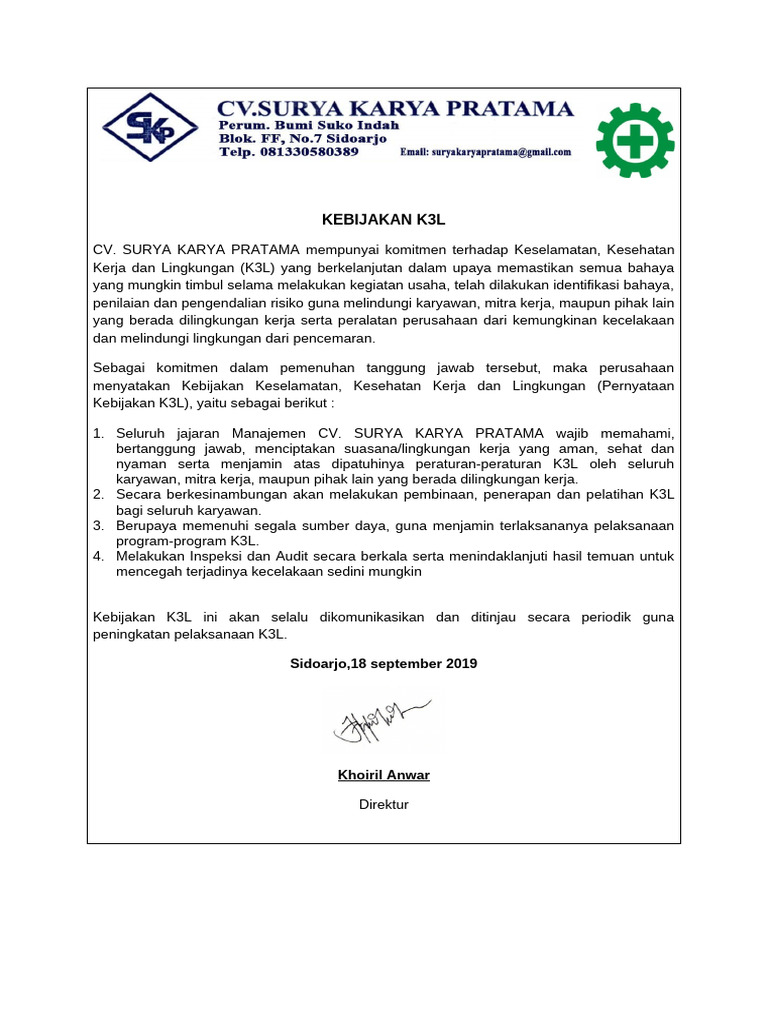 6.1.a Kebijakan tujuan K3L Perusahaan | PDF