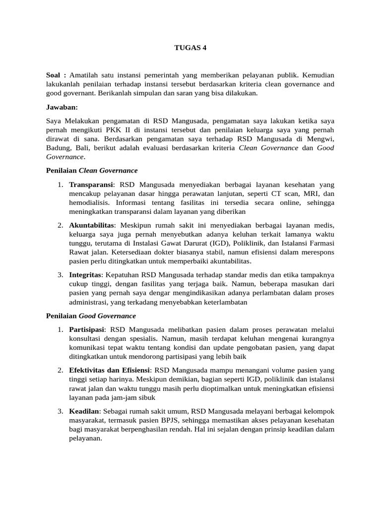 Evaluasi RSD Mangusada: Clean & Good Governance | PDF