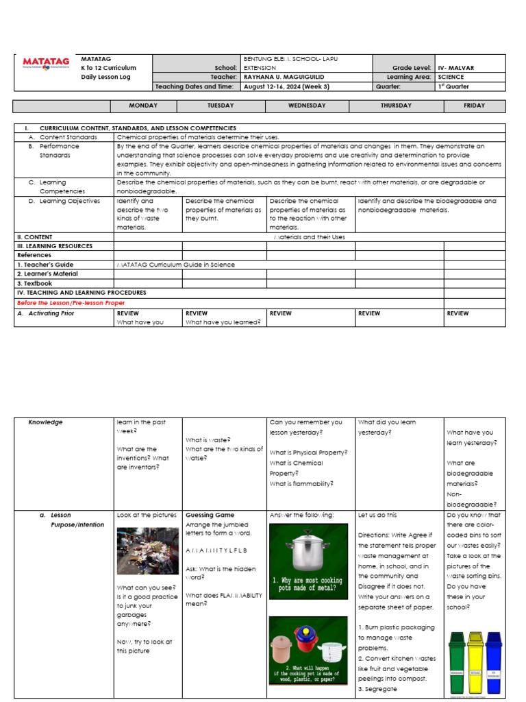 Matatag Dll Week 3 Science g4 | PDF | Biodegradation | Waste