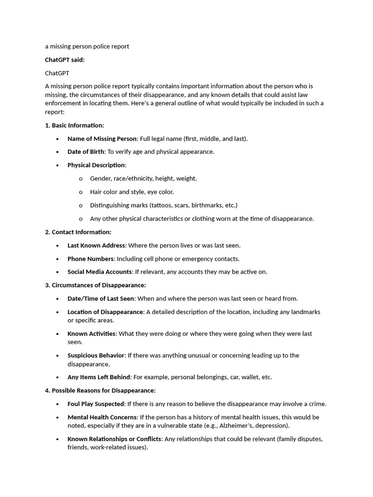 a missing person police report | PDF | Police