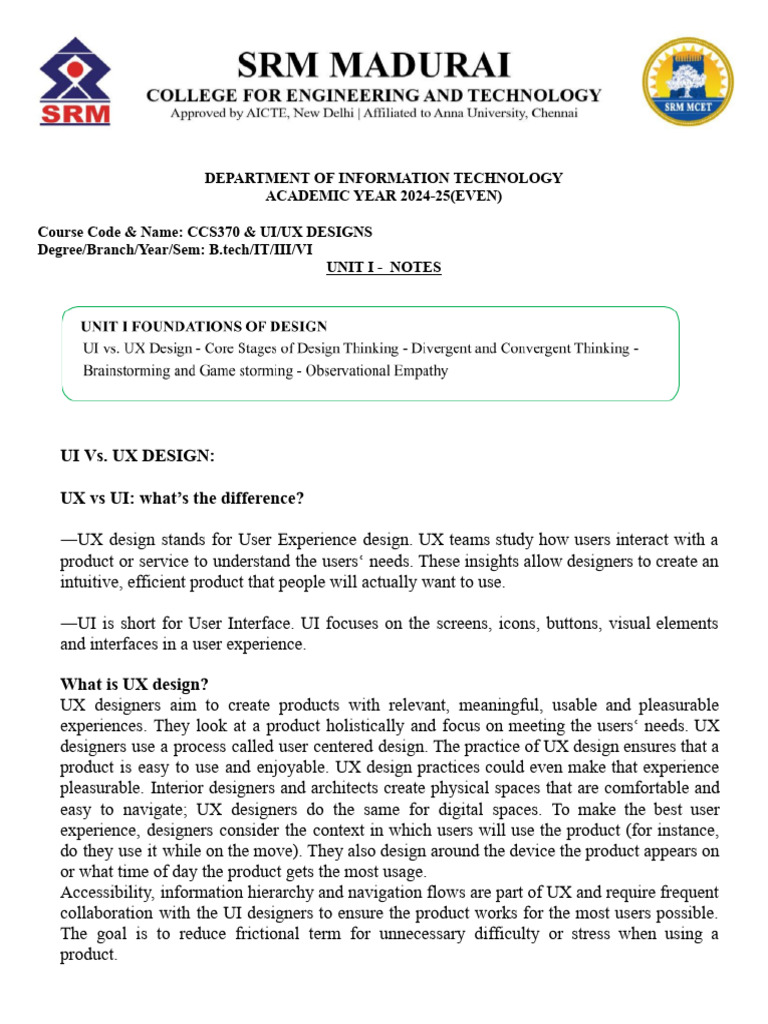 CCS370 UIUX Unit1 Notes | PDF | Design Thinking | User Interface