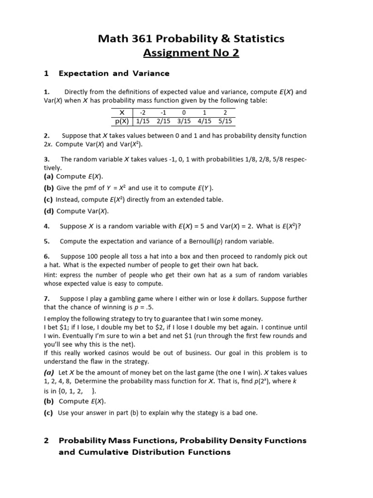 Math 361 Probability & Statistics Assignment | PDF | Variance | Expected Value