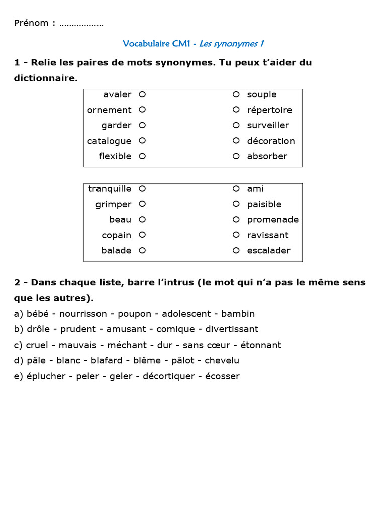 Exercices de synonymes CM1 | PDF