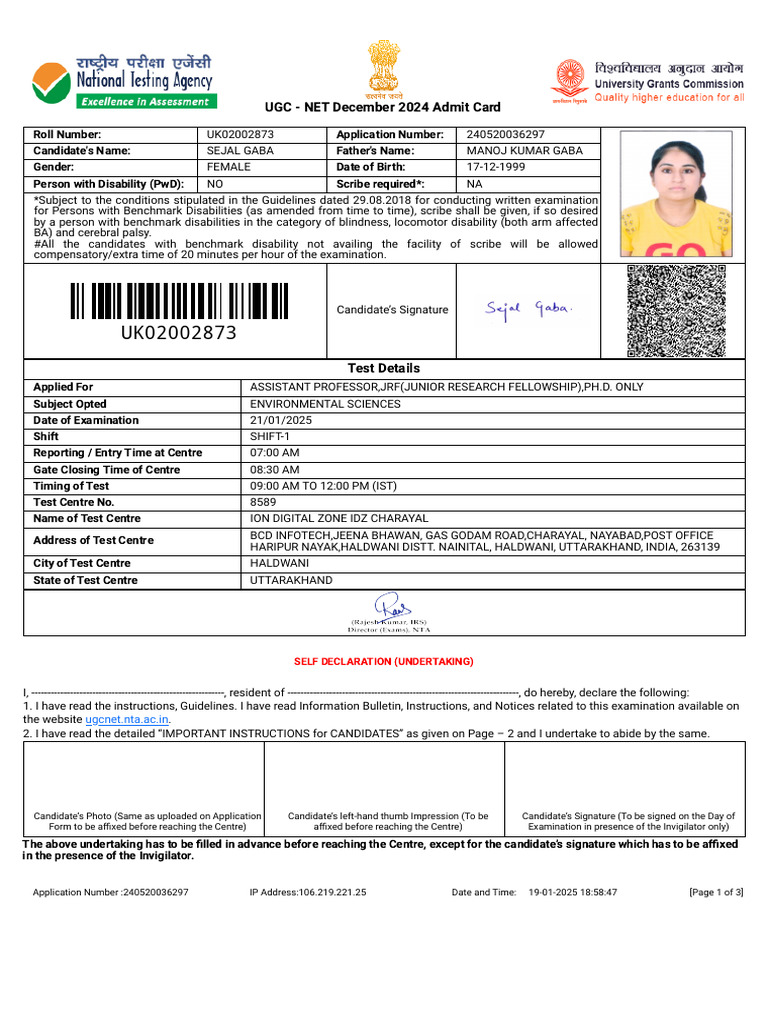 Sejal Gaba's UGC-NET Admit Card Details | PDF