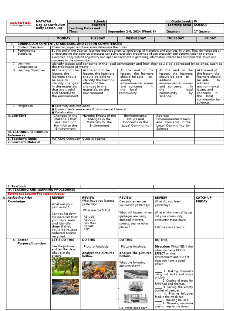 Matatag DLL Week 6 Science g4 | PDF | Waste | Pollution