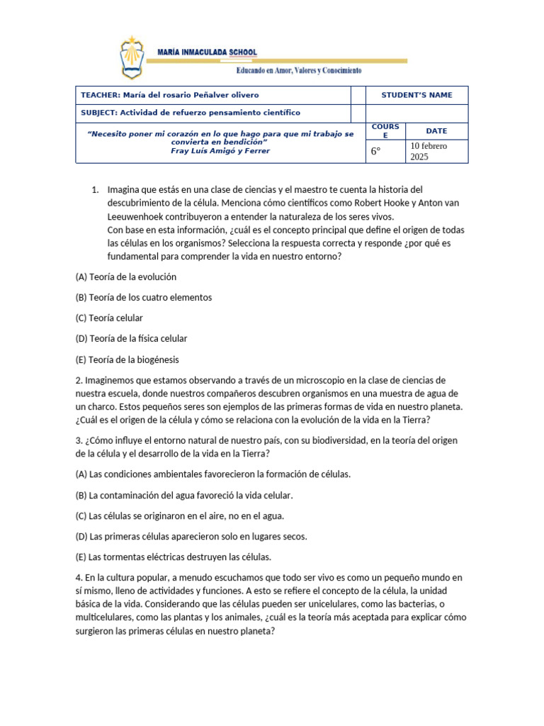 Actividad de Refuerzo Sexto | PDF | Biología Celular) | Ciencias de la vida