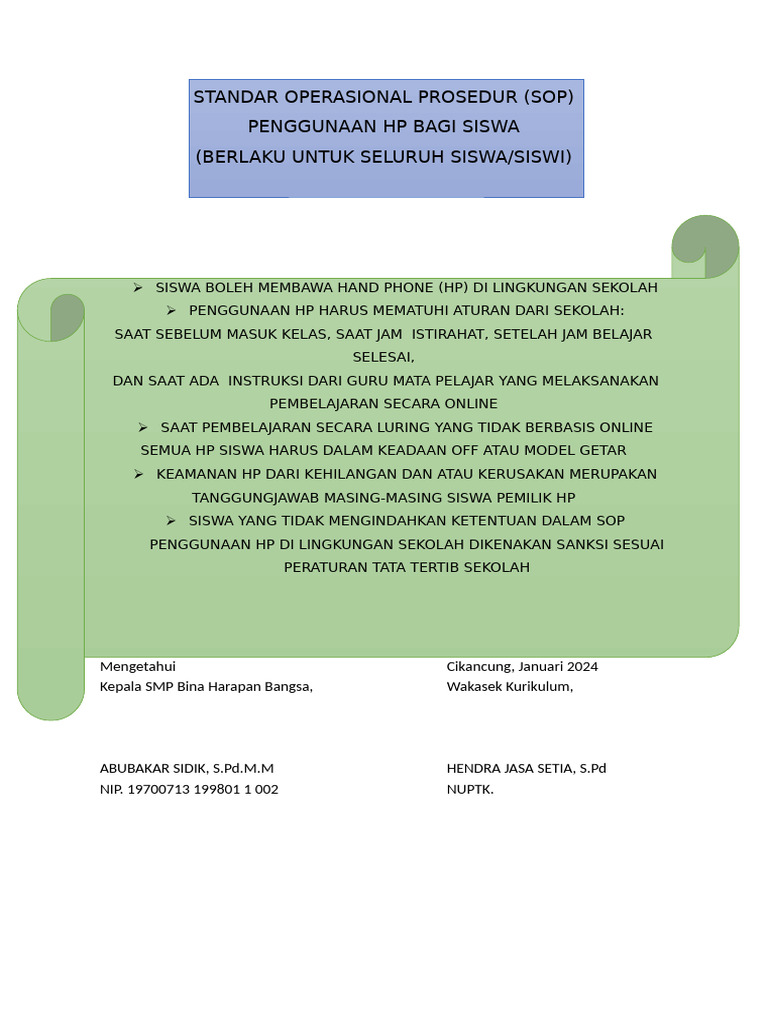 Standar Operasional Prosedur Penggunaan HP Bagi Siswa SMP BHB | PDF