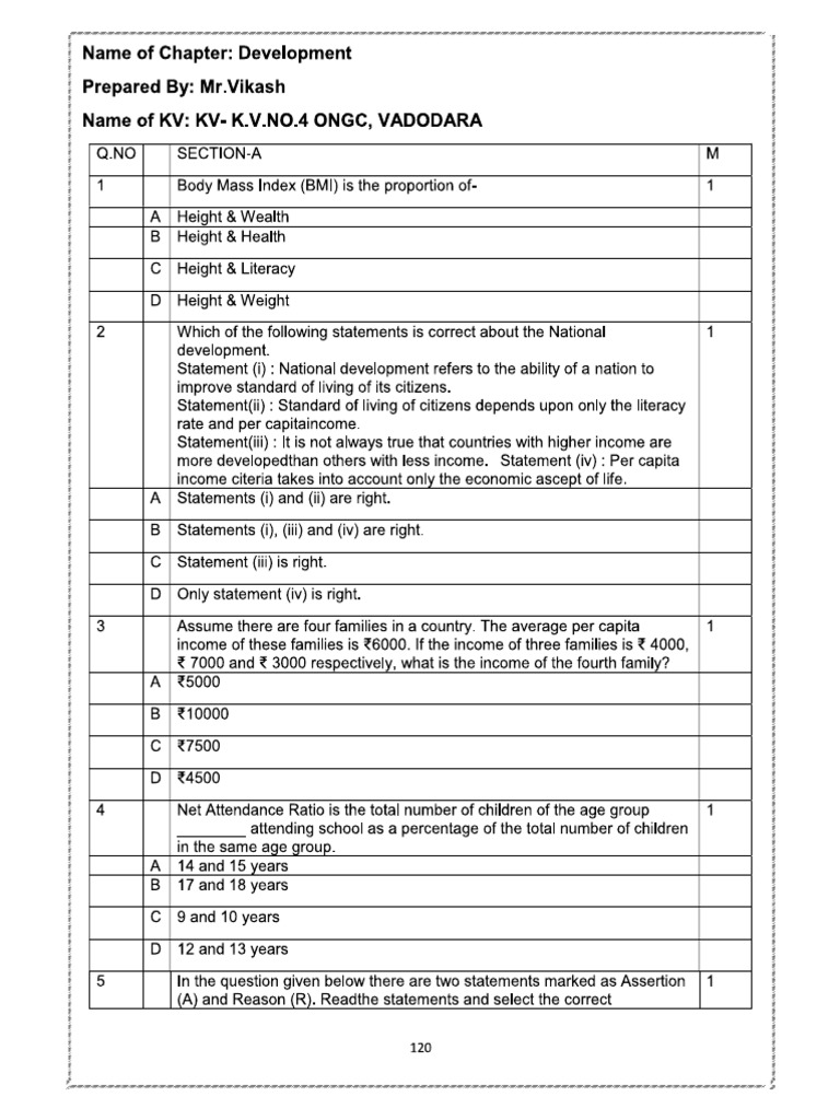 KV MCQ Economics CH1 Development | PDF