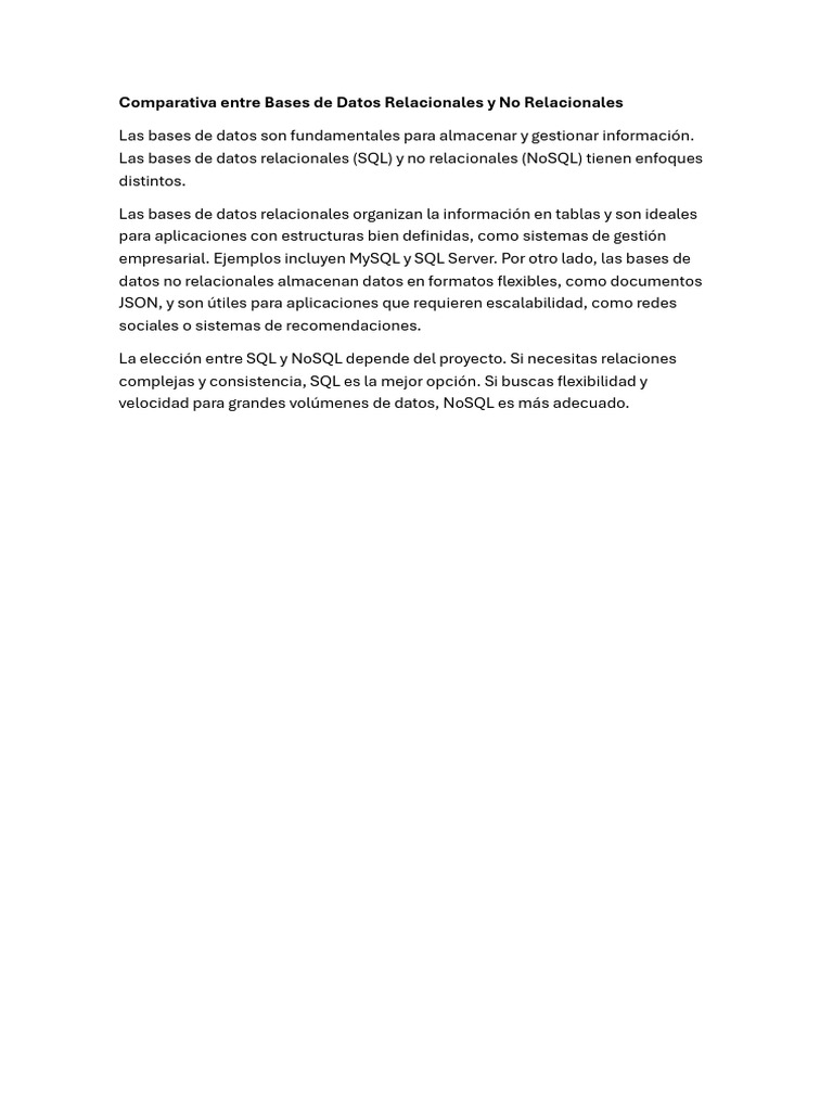 Comparativa Entre Bases de Datos Relacionales y No Relacionales | PDF