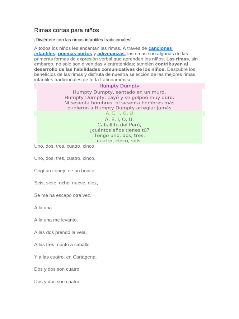 Rimas Cortas Infantiles Divertidas | PDF