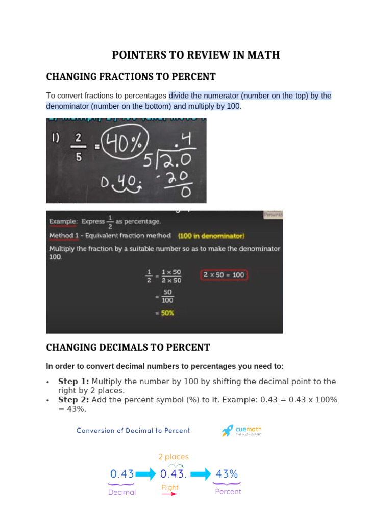 Pointers To Review in Math | PDF | Percentage | Circle