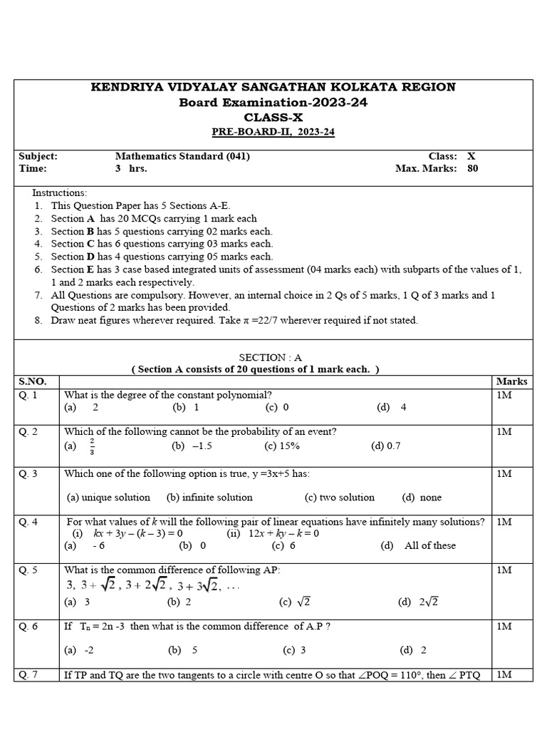 X Maths STANDARD QP | PDF | Circle | Sphere