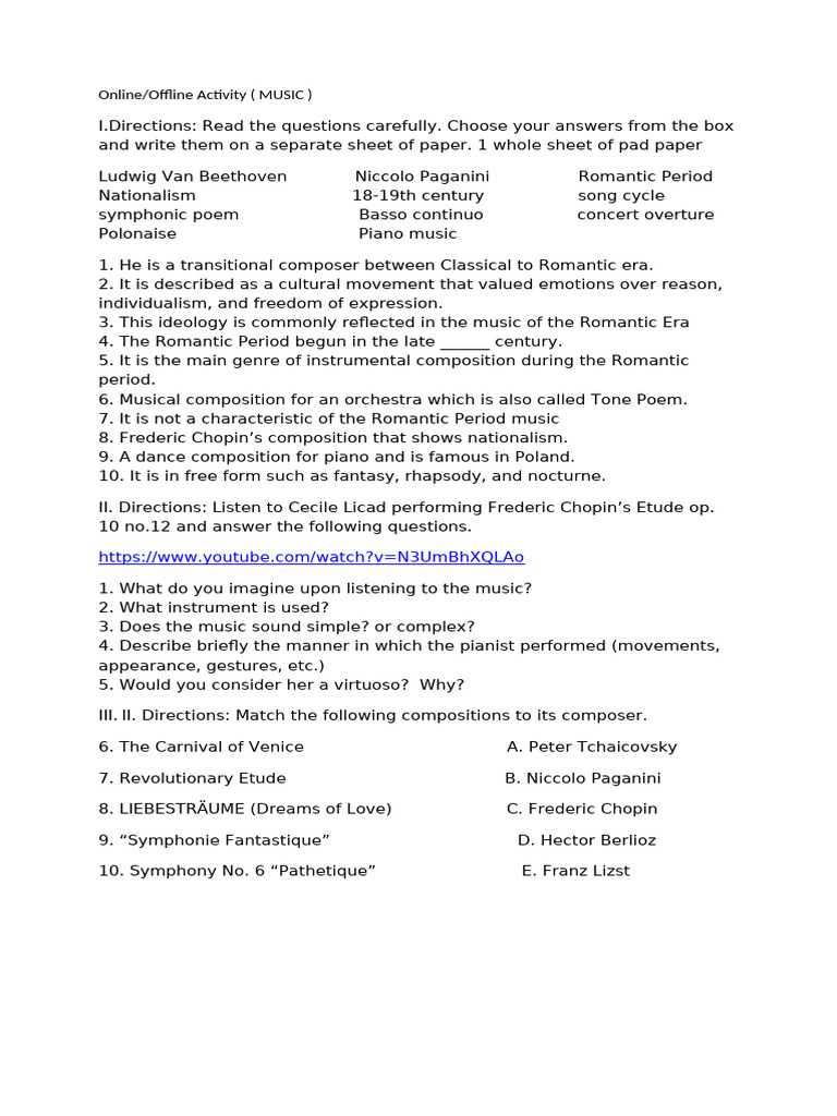 3RD QTR Long Exam MUSIC and ARTS | PDF | Romantic Music | Frédéric Chopin