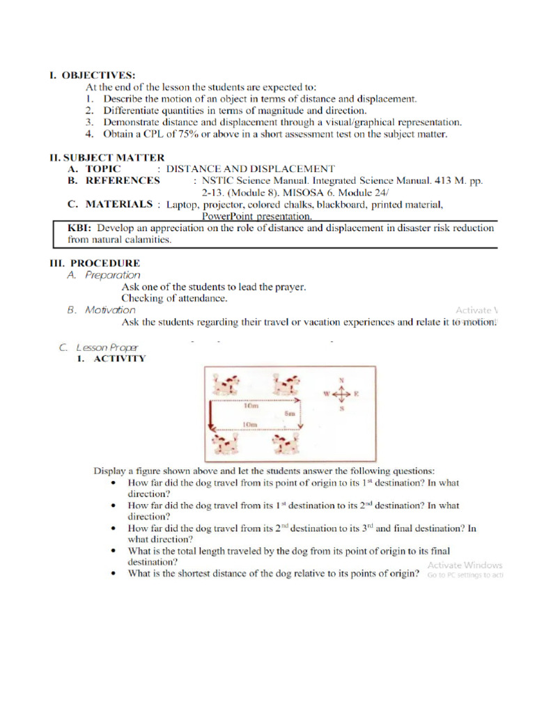 Lesson Plan G 7 (Distance Vs Displacement) | PDF