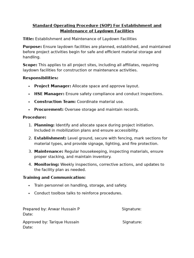Laydown Facilities SOP Guide | PDF