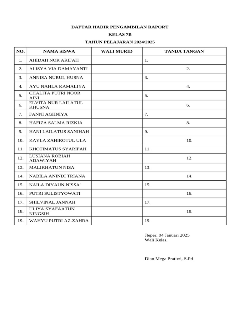 Daftar Hadir Pengambilan Raport 7b | PDF