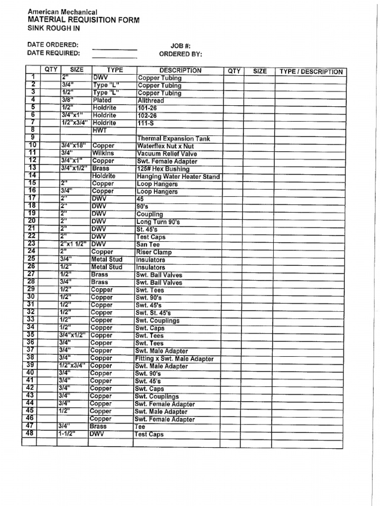 Material Requisition Form-Sink Rough in | PDF