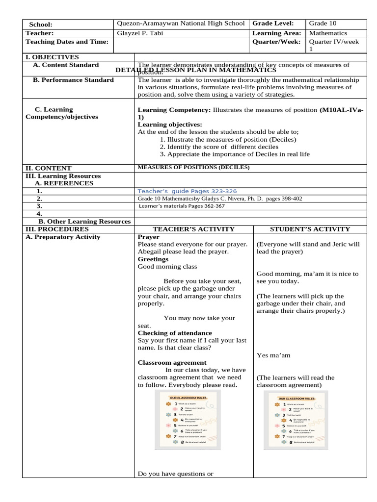 Grade 10 Mathematics: Deciles Lesson Plan | PDF | Learning | Teachers