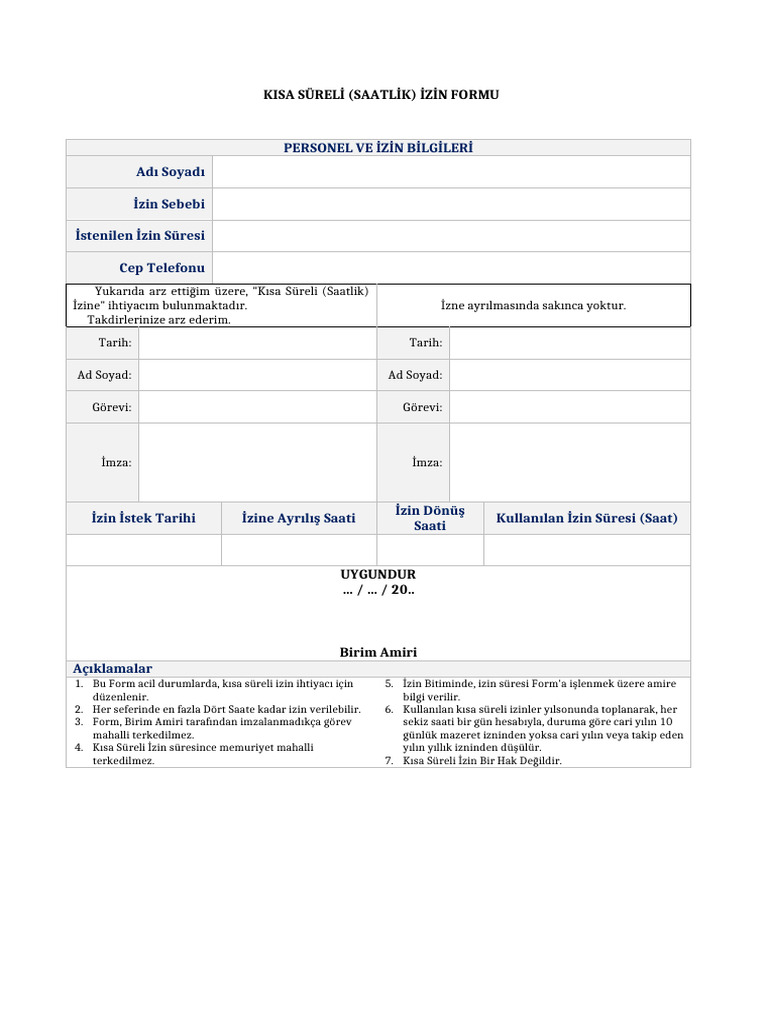 Kısa Süreli (Saatlik) İzin Formu | PDF