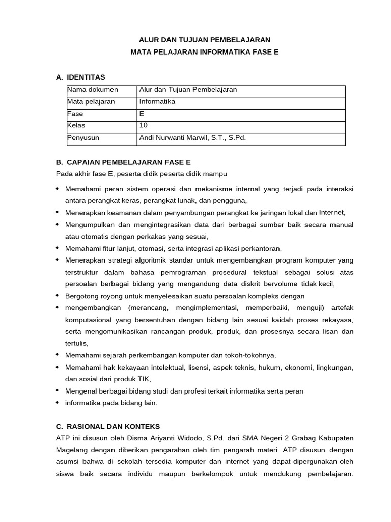 Alur Tujuan Pembelajaran Informatika X | PDF