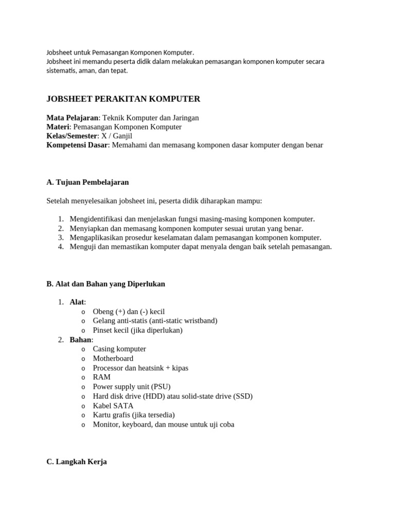 Jobsheet Untuk Pemasangan Komponen Komputer | PDF