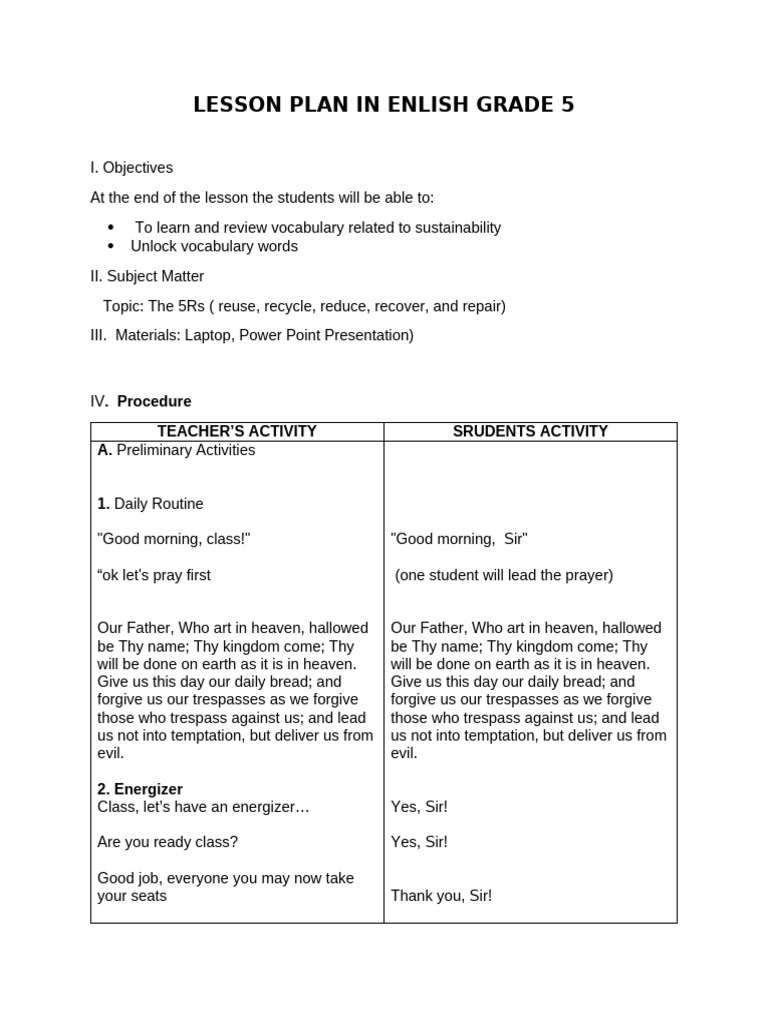 Lesson Plan in Enlish John Rainel | PDF | Lord's Prayer | Waste