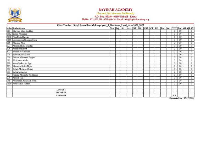Year 5 Blue-term 1-End Term-2024 2025 Marksheet | PDF
