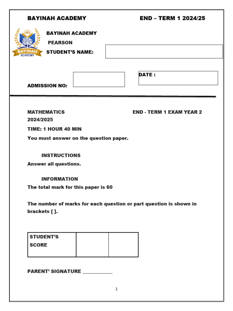 Mathematics Year 2 End Term | PDF | Mathematics