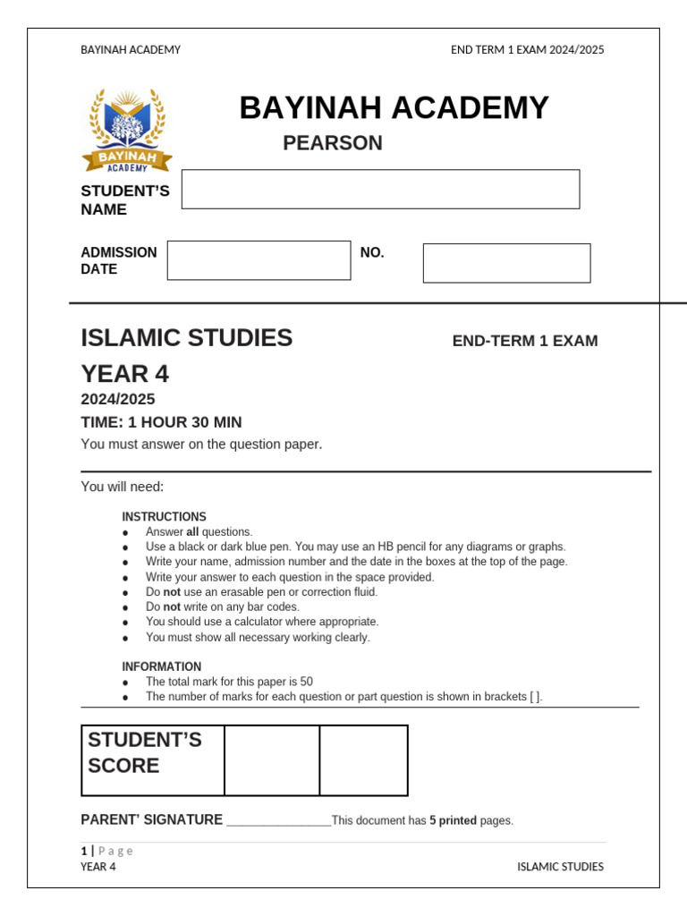 Year 4 Islamic Studies Exam 2024 | PDF | Mosque | Prophets And ...